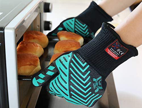 J H Heat Resistant Oven Glove:EN407 Certified 932 °F, 2 Layers Silicone Coating, Oven Mitts for Cooking, Kitchen, Fireplace, Grilling, 1 Pair (Regular Cuff, Black Shell with Green Coating)