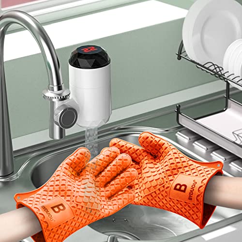 BYDUOU Grilling Gloves Heat Resistant BBQ Gloves Kitchen Silicone Oven Gloves Safe Handling of Hot Food Pots and Pans for Barbecue Cooking Baking(Orange)