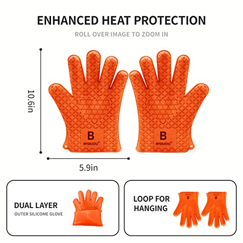 BYDUOU Grilling Gloves Heat Resistant BBQ Gloves Kitchen Silicone Oven Gloves Safe Handling of Hot Food Pots and Pans for Barbecue Cooking Baking(Orange)