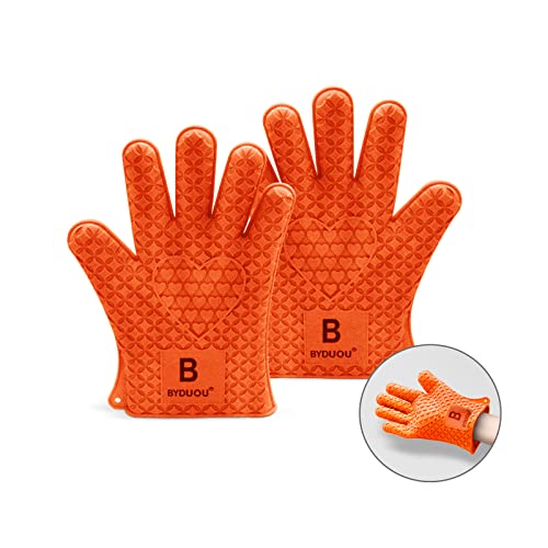 BYDUOU Grilling Gloves Heat Resistant BBQ Gloves Kitchen Silicone Oven Gloves Safe Handling of Hot Food Pots and Pans for Barbecue Cooking Baking(Orange)