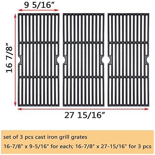 GasSaf Grill Grates Replace for Charbroil 463420508, 463420509, 463420511 463436213 463436214 463440109, Master Chef, Thermos, Backyard and Others Grills, 16 7/8" Cast Iron Grill Grates(Set of 3)