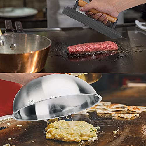 Skyflame Cheese Melting Dome & Grill Press Kit, 12'' Stainless Steel Basting Cover and 8'' Cast Iron Burger Bacon Press, 2pcs Griddle Accessories Set for Flat Top BBQ Teppanyaki Indoor/Outdoor Cooking