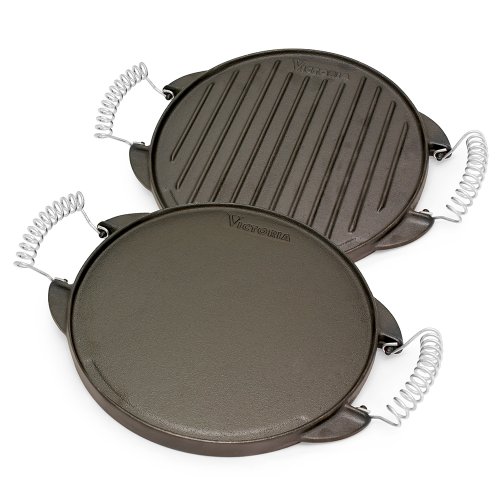 Victoria Round Cast Iron Gril. Double Burner Griddle, with Wire Handles Seasoned with 100% Kosher Certified Non-GMO Flaxseed Oil, 10 Inch, Black