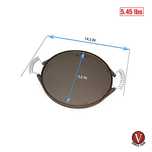 Victoria Round Cast Iron Gril. Double Burner Griddle, with Wire Handles Seasoned with 100% Kosher Certified Non-GMO Flaxseed Oil, 10 Inch, Black