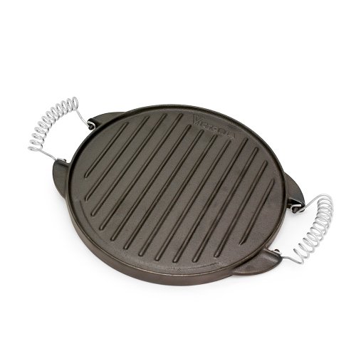 Victoria Round Cast Iron Gril. Double Burner Griddle, with Wire Handles Seasoned with 100% Kosher Certified Non-GMO Flaxseed Oil, 10 Inch, Black