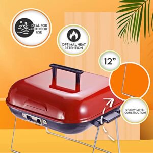 PAMI Portable BBQ Tabletop Charcoal Grill With Lid - 14” x 14” Square Covered Smoker Grill With Folding Legs For Backyard Patio, Camping, Tailgating, Picnics- Lightweight Metal Outdoor Cooking Grill