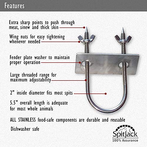 SpitJack Stainless Rotisserie Fork U-Bolt, 5.5 Inches Long Meat Trussing Accessories. 2 Inch Wide Spit Rod Capacity. Rotisserie Parts for Whole BBQ Pig, Hog, Lamb and Turkey. (2 Pack)