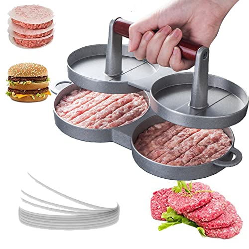 Amuideasy Burger Patty Maker, Aluminum Double Hamburger Press Patty Maker Wood Handle Meat Press Grill Burger Mold with 100 Patty Papers