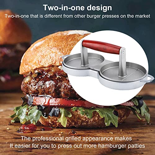 Amuideasy Burger Patty Maker, Aluminum Double Hamburger Press Patty Maker Wood Handle Meat Press Grill Burger Mold with 100 Patty Papers