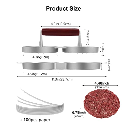 Amuideasy Burger Patty Maker, Aluminum Double Hamburger Press Patty Maker Wood Handle Meat Press Grill Burger Mold with 100 Patty Papers