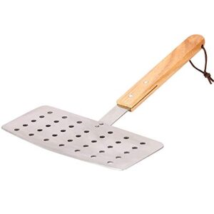 updated super sturdy, extra wide stainless steel metal grill spatula flipper, pizza peel/paddle with solid wood handle, large turner with bevelled cutting edge for turning fish, steaks and pizza