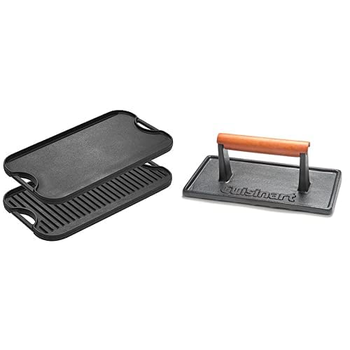 Lodge LPGI3 Cast Iron Reversible Grill/Griddle, 20-inch x 10.44-inch, Black & Cuisinart CGPR-221 Cast Iron Grill Press (Wood Handle), Weighs 2.1-pounds