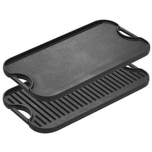 Lodge LPGI3 Cast Iron Reversible Grill/Griddle, 20-inch x 10.44-inch, Black & Cuisinart CGPR-221 Cast Iron Grill Press (Wood Handle), Weighs 2.1-pounds