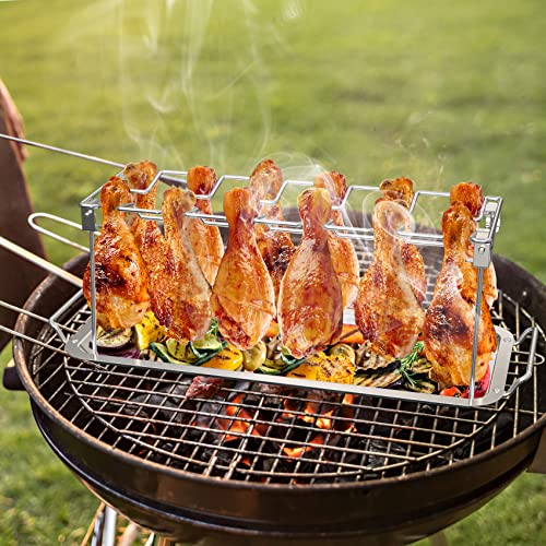 onlyfire Chicken Leg Rack for Grill with Drip Tray, 12 Slots Chicken Wing Rack - Premium Stainless Steel Chicken Drumstick Rack for Smoker - Chicken Drumstick Holder for Grill Accessories