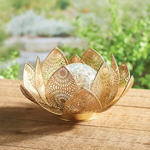 ART & ARTIFACT Lotus Solar Light Crackle Glass with Pierced Metal Base, Indoor Outdoor Accent Light Night Light Lantern, 5" x 10"