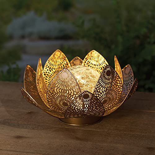 ART & ARTIFACT Lotus Solar Light Crackle Glass with Pierced Metal Base, Indoor Outdoor Accent Light Night Light Lantern, 5" x 10"