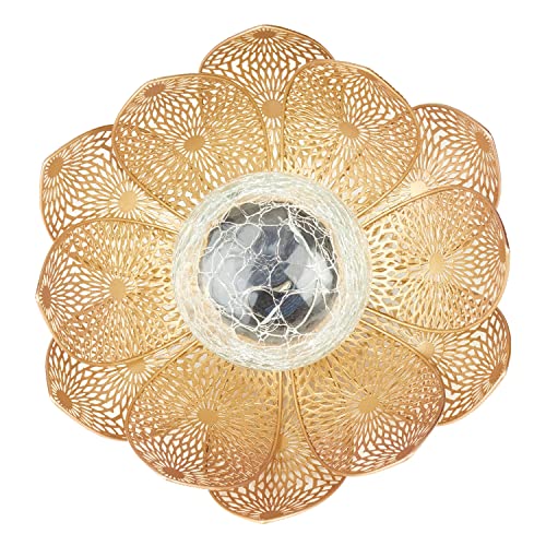 ART & ARTIFACT Lotus Solar Light Crackle Glass with Pierced Metal Base, Indoor Outdoor Accent Light Night Light Lantern, 5" x 10"