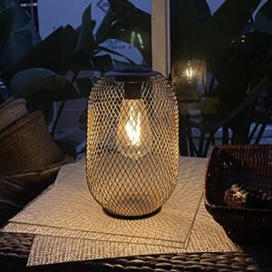 solar hanging lantern large black metal mesh lanterns outdoor waterproof with led lights solar powered table lantern edison bulb design lighting for patio, garden, yard, indoor decoration