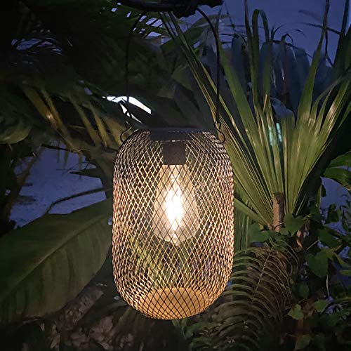 Solar Hanging Lantern Large Black Metal Mesh Lanterns Outdoor Waterproof with LED Lights Solar Powered Table Lantern Edison Bulb Design Lighting for Patio, Garden, Yard, Indoor Decoration