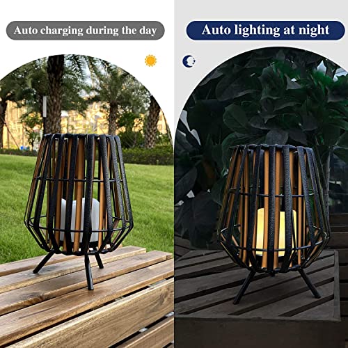 Solar Lantern Outdoor Waterproof with Flickering Flame, Candle Decorative Lights Solar Rattan Lanterns for Patio Garden Pathway Yard Desk