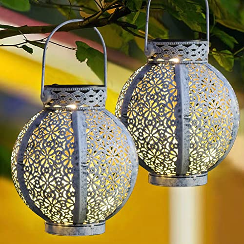 Solar Lanterns Outdoor Waterproof Lights, 2 Pack Bright Large Hanging Solar Lantern Lamps with Handle, Metal Decorative Solar Garden Lights for Patio Lawn Yard Tabletop Decoration