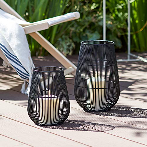 Lights4fun, Inc. Set of 2 Black Metal Wire Battery Operated LED Flameless Candle Lanterns for Indoor Outdoor Use