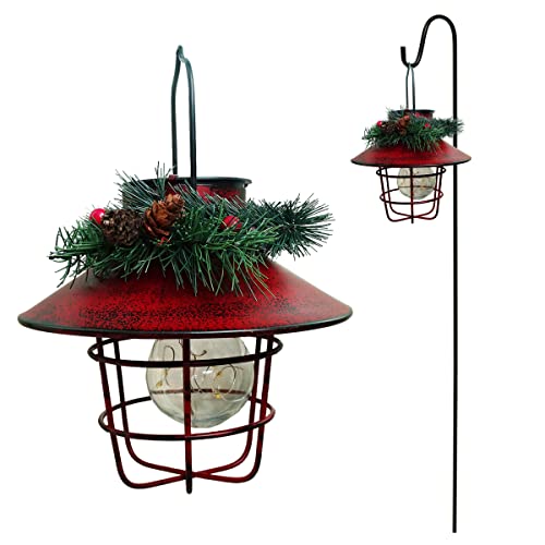 Alpine Corporation Metal Lantern with Shepherd's Hook and Solar Warm White LED Lights, Red