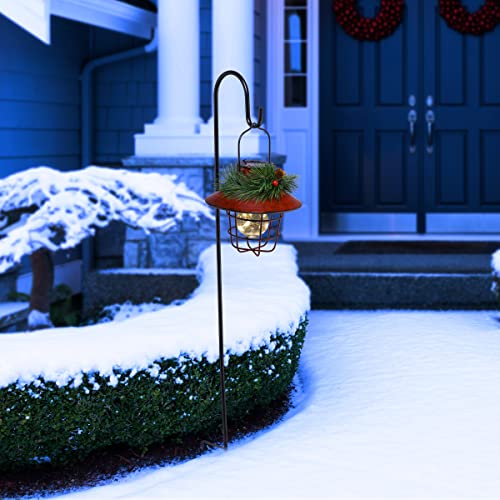 Alpine Corporation Metal Lantern with Shepherd's Hook and Solar Warm White LED Lights, Red