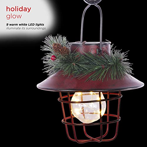 Alpine Corporation Metal Lantern with Shepherd's Hook and Solar Warm White LED Lights, Red