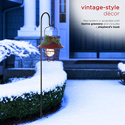 Alpine Corporation Metal Lantern with Shepherd's Hook and Solar Warm White LED Lights, Red