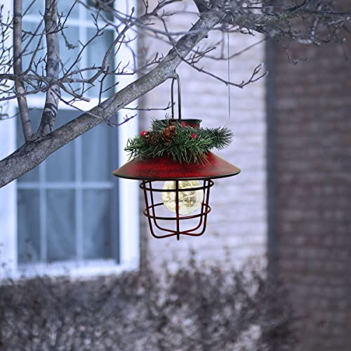 Alpine Corporation Metal Lantern with Shepherd's Hook and Solar Warm White LED Lights, Red