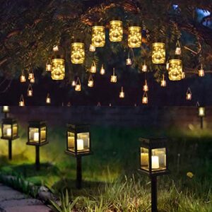 gigalumi 6 pack 30 led hanging solar mason jar lid lights & 8 pack solar hanging lantern outdoor for garden,patio, lawn, deck, umbrella, tent, tree,yard,driveway