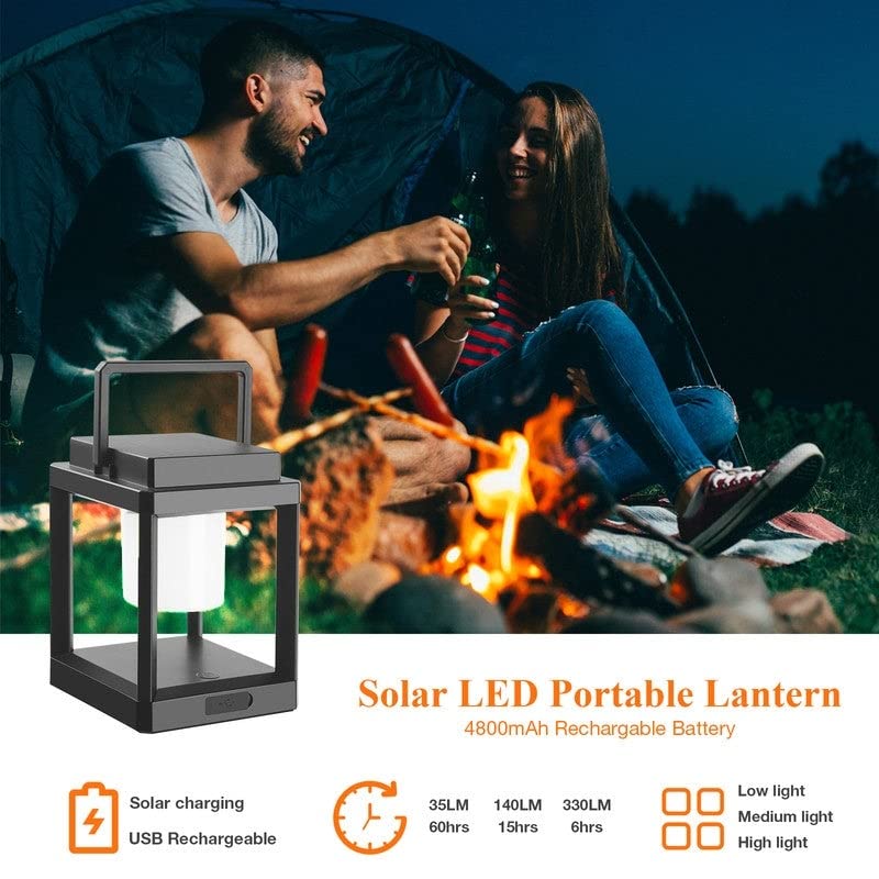 Solar-Powered LED Lantern, Dimmable Hanging Camping Lantern Light, IP44 Waterproof Table Lamp for Garden Table Patio Party