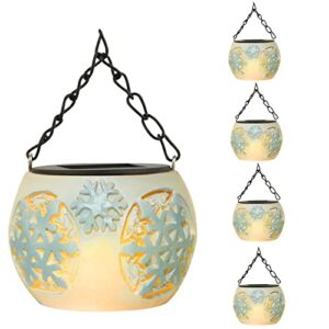 mrsivrop 4pcs snowflakes hanging solar lights warm white outdoor waterproof led globe lantern for christmas, winter, pathway, tree, garden, yard, patio, umbrella, wedding décor, 3.15*2.3 inches