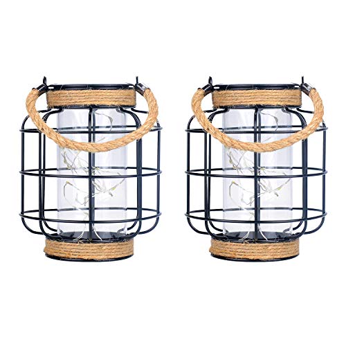 2 Pack Black Solar Lanterns Outdoor Waterproof Landscape Solar Lights for Garden Yard Porch Fence Patio Tree, 20 x Mini Warm White LEDs, Hemp Rope Handle