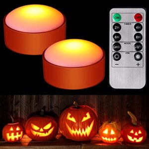 halloween pumpkin lights with remote and timer 2 pieces flameless jack o lantern pumpkin led candles smart candle lights battery operated for halloween thanksgiving day outdoor pumpkin decor(orange)