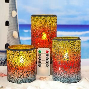 meltone beach decor glass electric candles with remote, mosaic sunset theme blinks led candles, real wax battery operated candles for bedroom bathroom patry ocean home decorations, set of 3