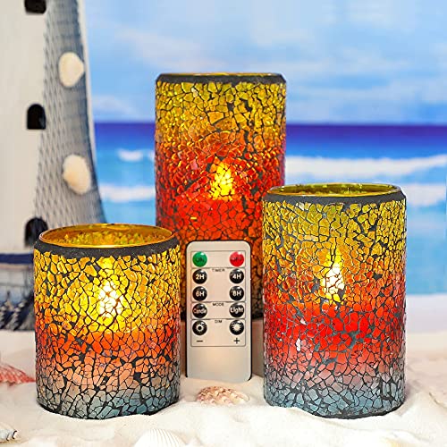 MELTONE Beach Decor Glass Electric Candles with Remote, Mosaic Sunset Theme Blinks LED Candles, Real Wax Battery Operated Candles for Bedroom Bathroom Patry Ocean Home Decorations, Set of 3