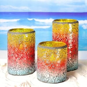 MELTONE Beach Decor Glass Electric Candles with Remote, Mosaic Sunset Theme Blinks LED Candles, Real Wax Battery Operated Candles for Bedroom Bathroom Patry Ocean Home Decorations, Set of 3