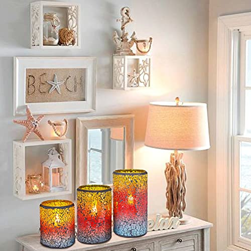 MELTONE Beach Decor Glass Electric Candles with Remote, Mosaic Sunset Theme Blinks LED Candles, Real Wax Battery Operated Candles for Bedroom Bathroom Patry Ocean Home Decorations, Set of 3