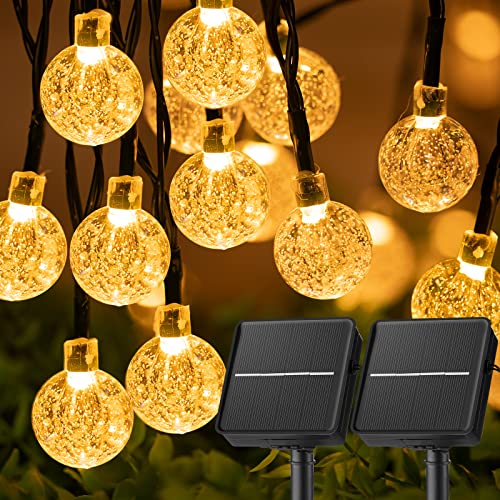 Solar String Lights Outdoor Waterproof, 2 Pack 60 LED 36.5 FT Each, Crystal Globe Lights with 8 Lighting Modes, Solar Powered Patio Lights for Garden Yard Porch Wedding Party Decor (Warm White)