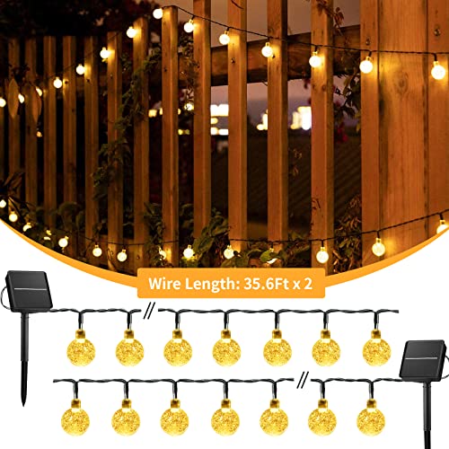 Solar String Lights Outdoor Waterproof, 2 Pack 60 LED 36.5 FT Each, Crystal Globe Lights with 8 Lighting Modes, Solar Powered Patio Lights for Garden Yard Porch Wedding Party Decor (Warm White)