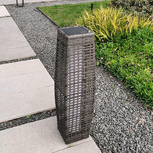 UCAJULICY Solar Floor lamp Outdoor Decoration Resin Wicker/Rattan Lantern Waterproof Automatic Switch,for Patio Deck Pathway Garden (Grey)