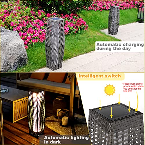 UCAJULICY Solar Floor lamp Outdoor Decoration Resin Wicker/Rattan Lantern Waterproof Automatic Switch,for Patio Deck Pathway Garden (Grey)