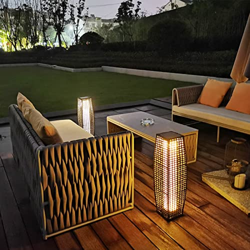 UCAJULICY Solar Floor lamp Outdoor Decoration Resin Wicker/Rattan Lantern Waterproof Automatic Switch,for Patio Deck Pathway Garden (Grey)