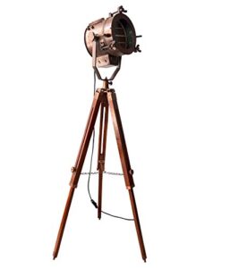 antique searchlight old century copper finish lamp with wooden tripod led lamp 45" floor searchlight vintage home decor