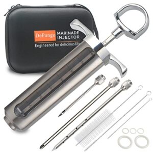 depango meat injector, stainless steel marinade injector flavor syringe kit with 2-oz measurement window for smoker food bbq grill, cooking turkey chicken steak beef brisket pork-chops, 3 meat needles