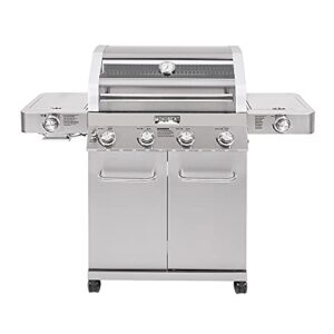 monument grills larger 4-burner propane gas grills stainless steel cabinet style with clear view lid, led controls, built in thermometer, and side & side sear burners