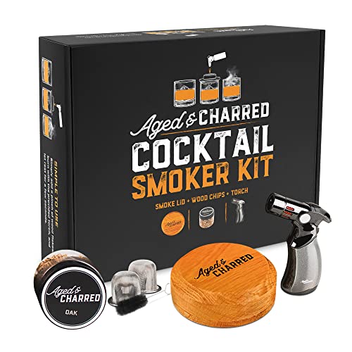 Cocktail Smoker Kit with Torch, Wood Chips for Whiskey, Bourbon & More - Drink Smoker Made of 100% Oak - Old Fashioned Smoker Kit - Whiskey Gifts for Men, Husband, Boyfriend, Dad, Son