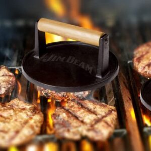 Jim Beam JB0158 Black Cast Iron Burger Press - 7'' Heavy Duty Burger Press with Solid Wood Handle